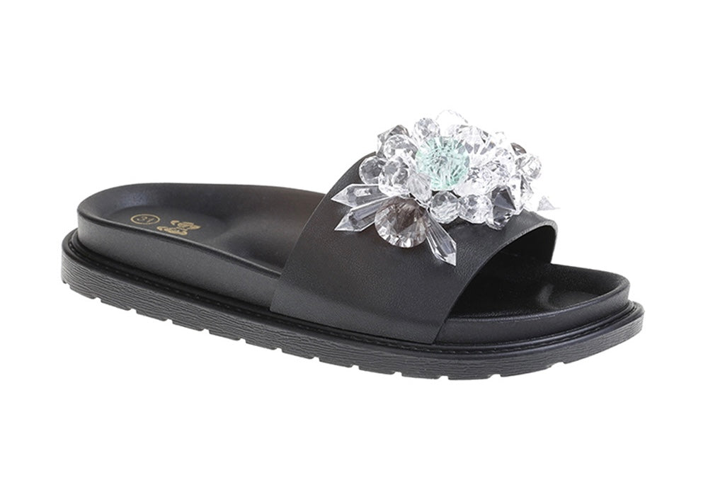 Girls Black Crystal Floral Sliders – Kidz Emporium